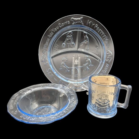 Tiara Glass | Dining | Vintage Tiara Glass Blue Nursery Rhyme 3 Pc Set ...
